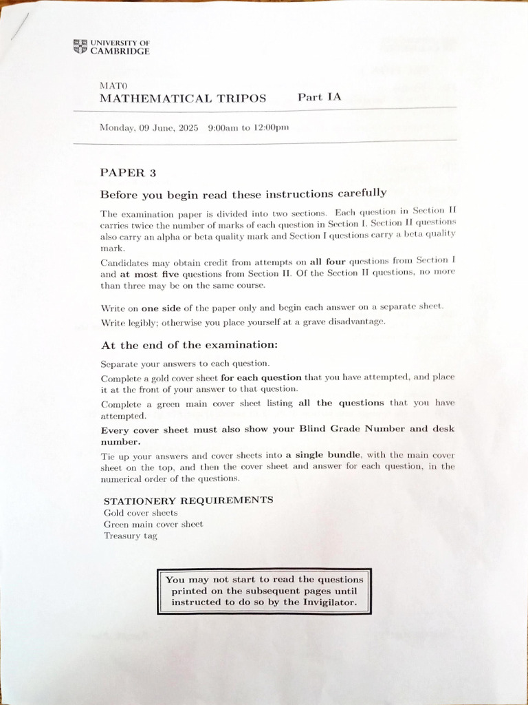 Cambridge Math Tripos Part IA Exam 2025 | PDF | Area | Geometry