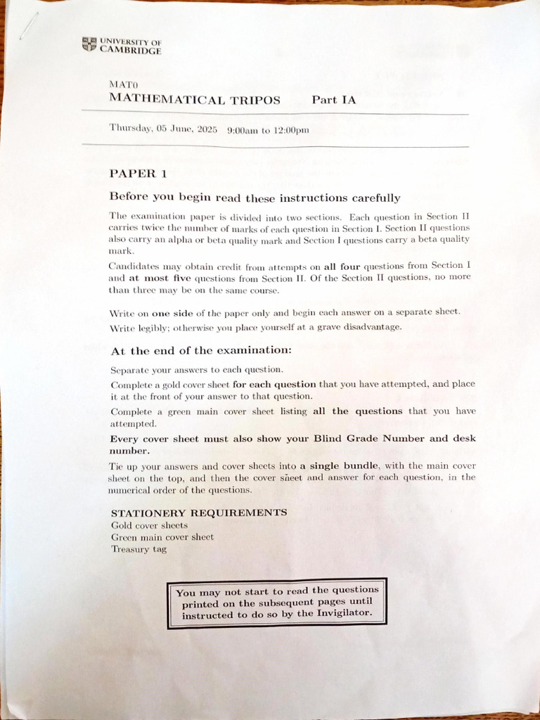 Cambridge Math Tripos Exam Paper 2025 | PDF | Eigenvalues And ...