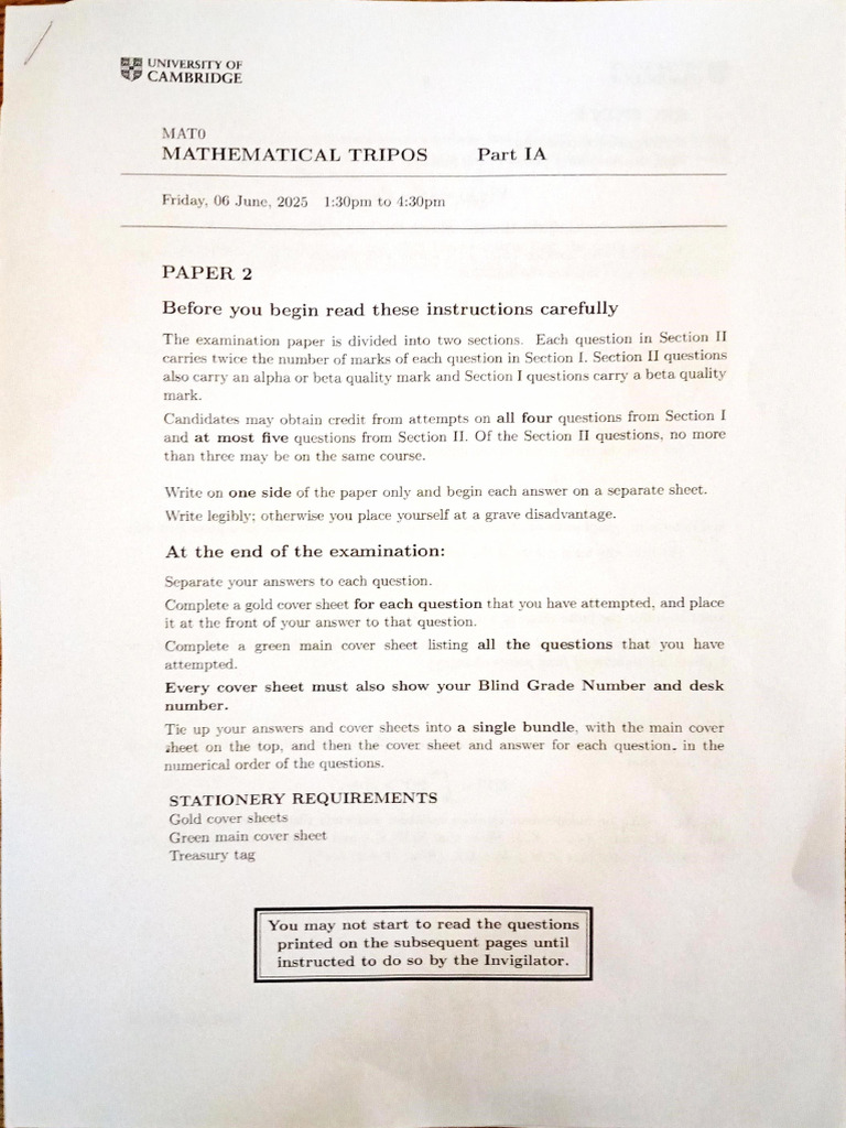 Cambridge Mathematics 2025 IA Tripos Paper 2 | PDF | Probability ...