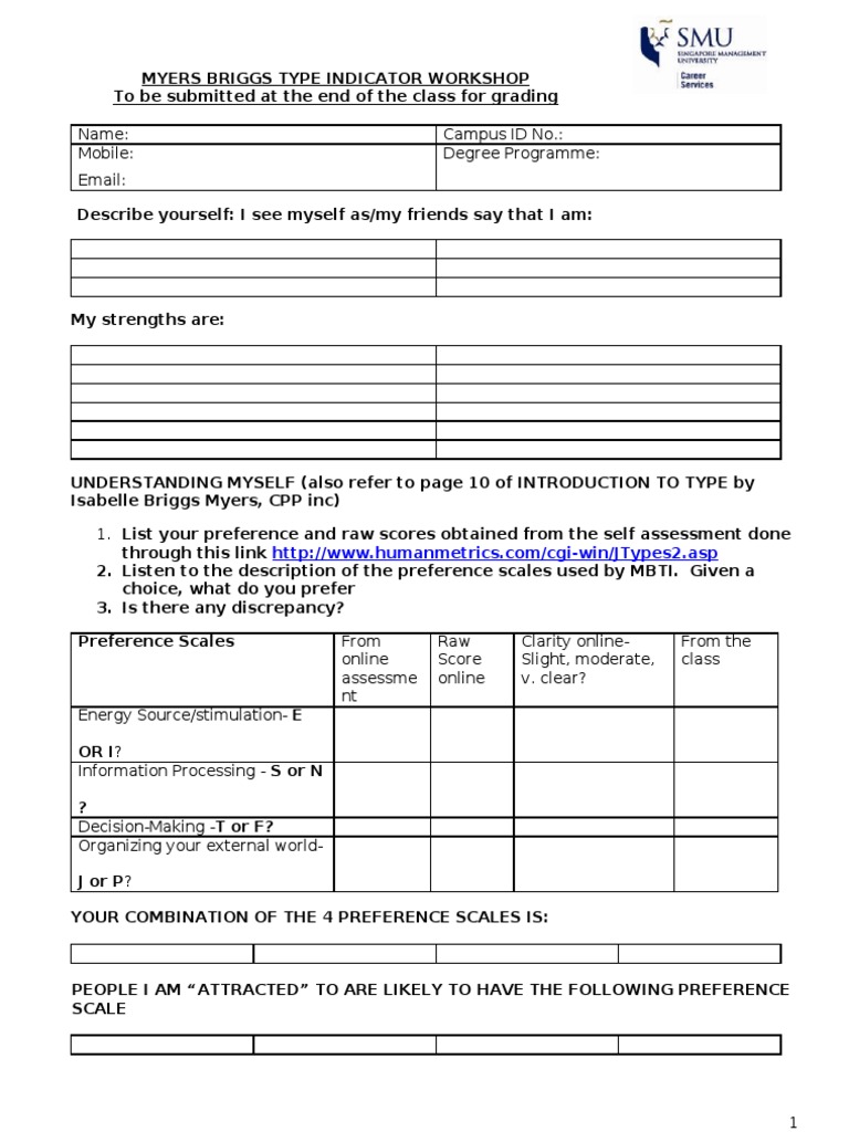 Myers Briggs Type Indicator Worksheet | PDF | Extraversion And ...