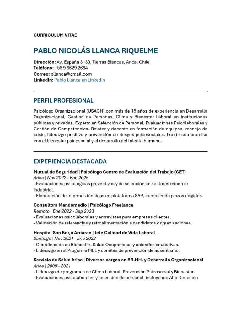 CV Pablo Llanca (Resumido) | PDF | Gestión de recursos humanos | Sicología