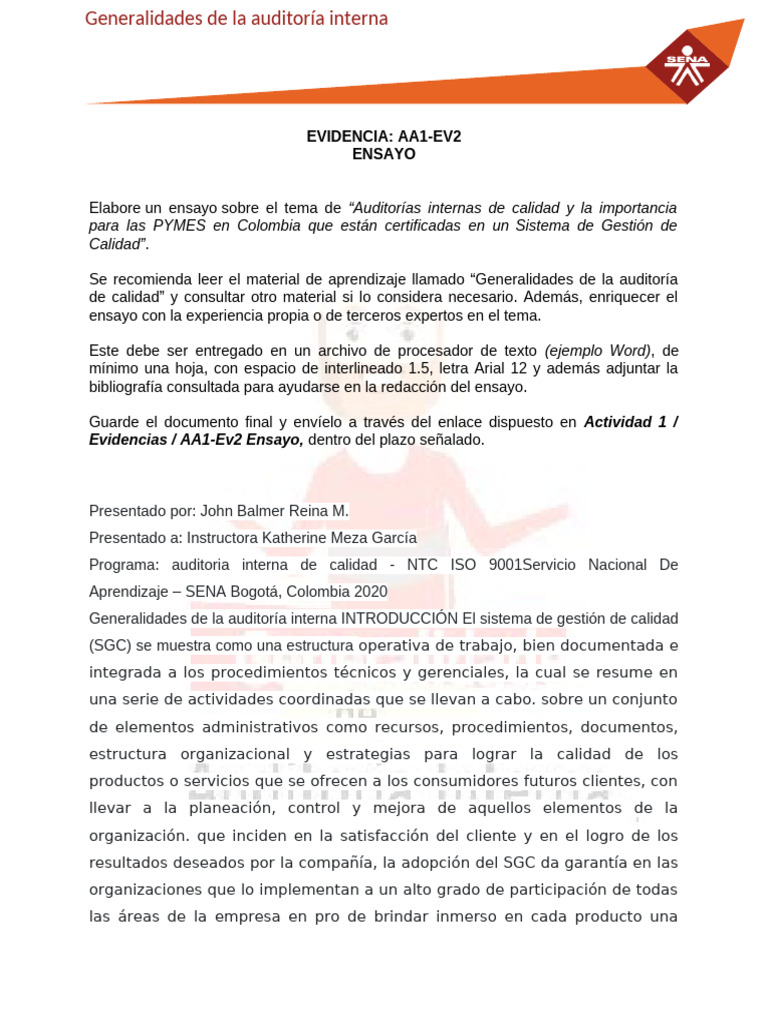 Formato Evidencia AA1 Ev2 Ensayo | PDF | Calidad (comercial) | Business