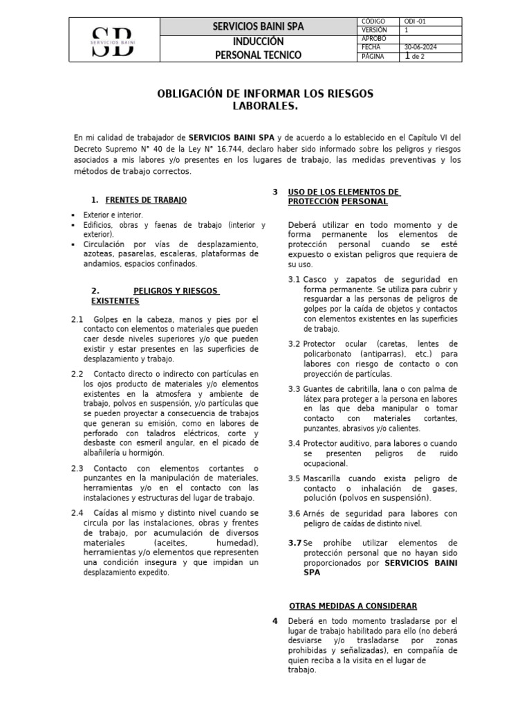 Obligación de Informar Los Riesgos Laborales.: Servicios Baini Spa ...