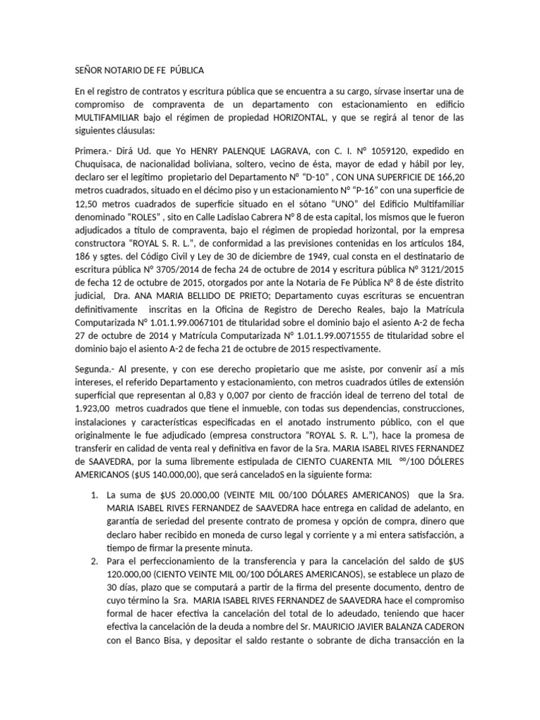 Minuta de Compromiso de Venta Prop Horizotal Sheyla | PDF | Condominio | Propiedad