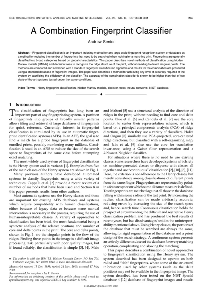 A Combination Fingerprint Classifier | PDF | Fingerprint | Statistical Classification