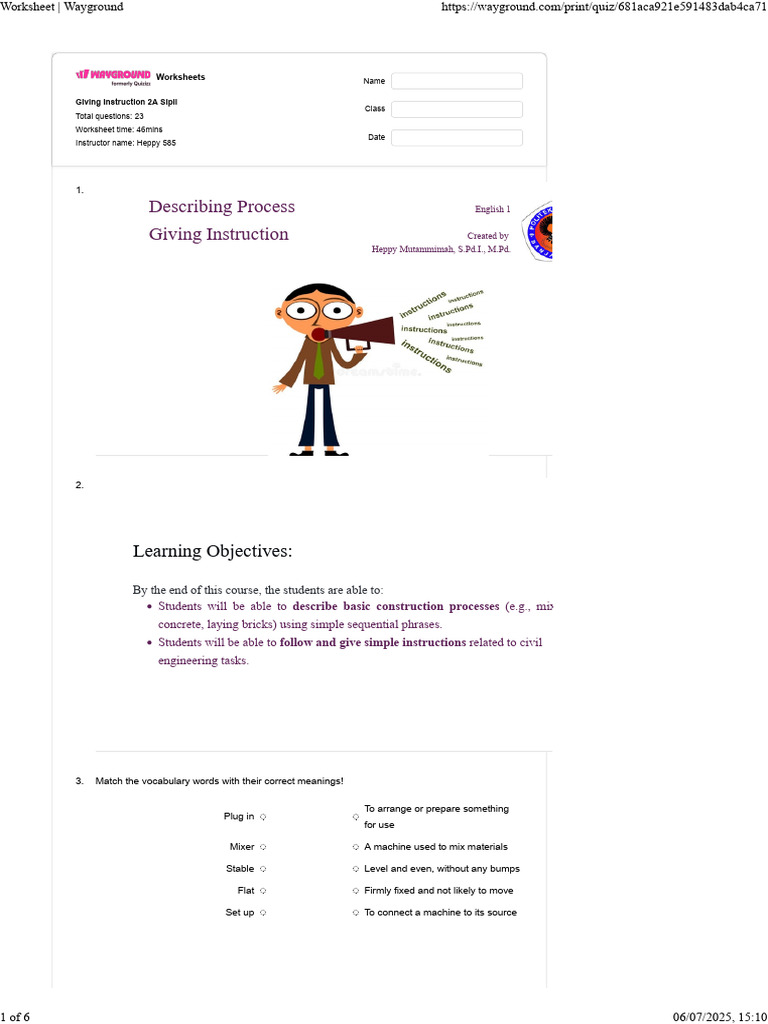 Civil Engineering Instruction Worksheet | PDF | Concrete | Verb