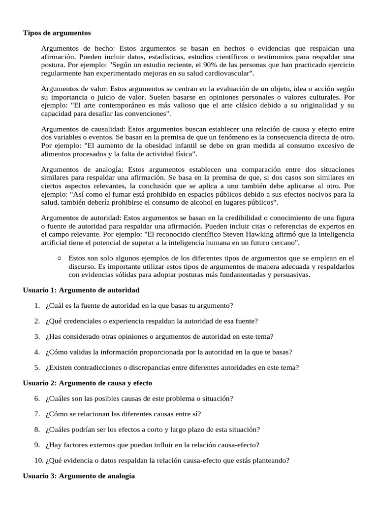 Tipos de argumentos en el discurso | PDF | Argumento | Analogía