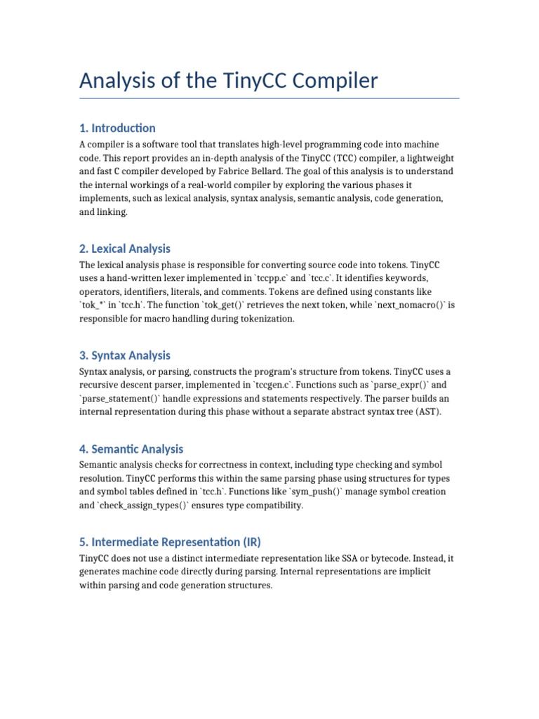 TinyCC Compiler Analysis Report | PDF | Parsing | Compiler