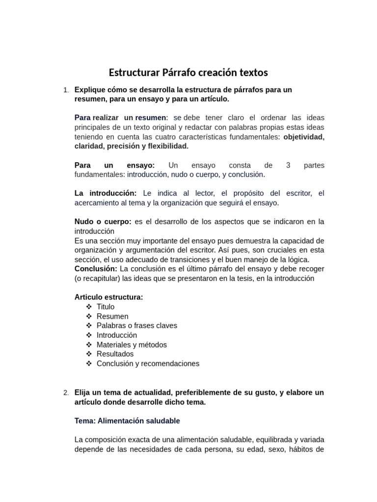 ESTRUCTURAnDEnUNnPARRAFO - Actividad 1 Evidencia 2 | PDF | Alimentos ...