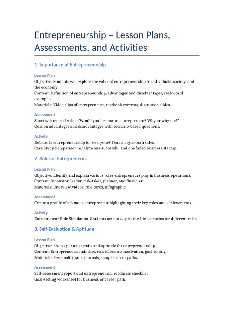 Entrepreneurship Lesson Plans Assessments Activities | PDF ...