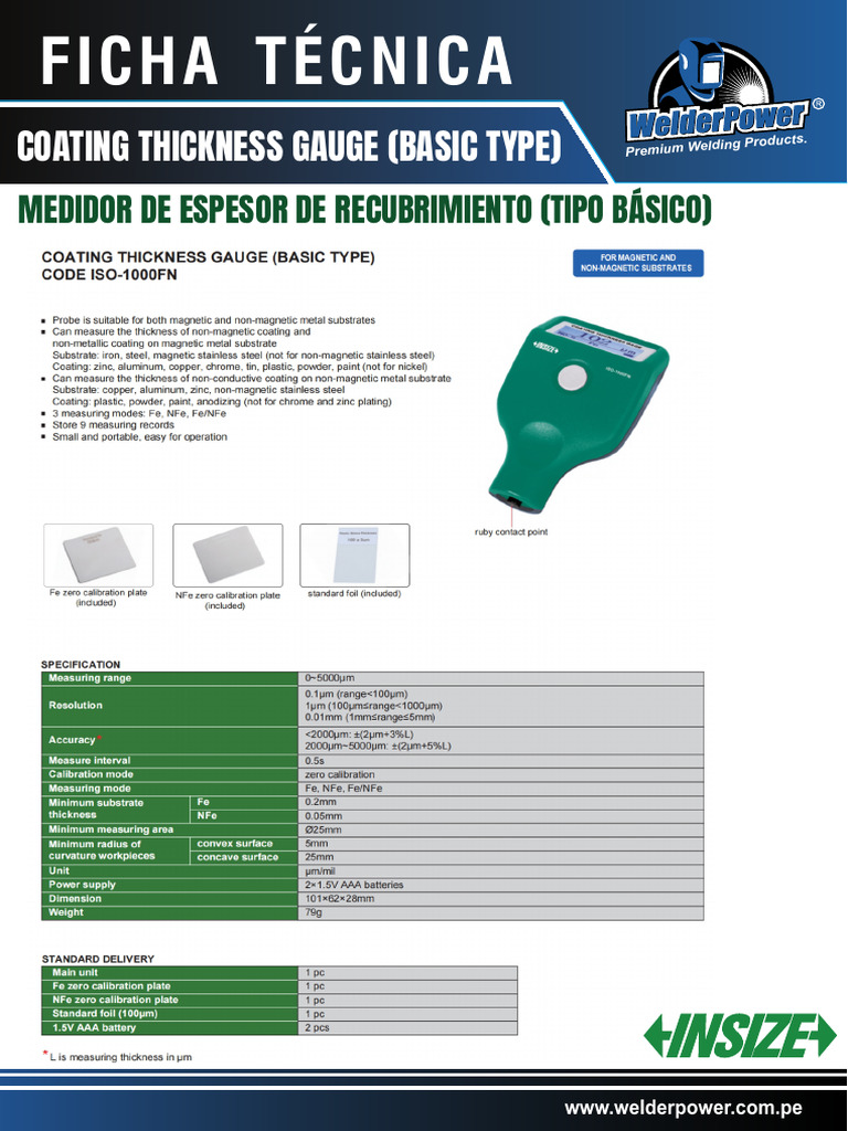 Ficha Tecnica Medidor de Espesor de Recubrimiento - Insize | PDF