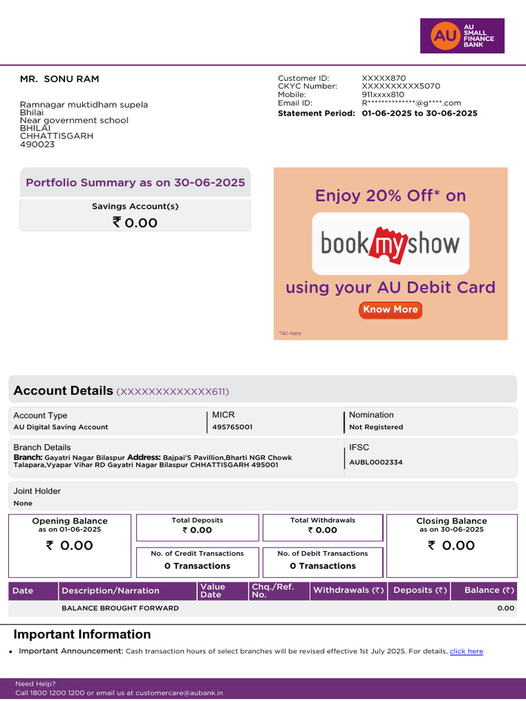 AU Small Finance Bank Statement Summary | PDF | Debit Card | Banks