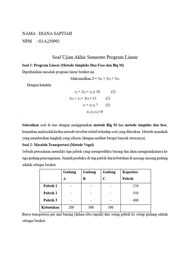 Uas Program Linear - Diana Saptiah - G1a230901 | PDF