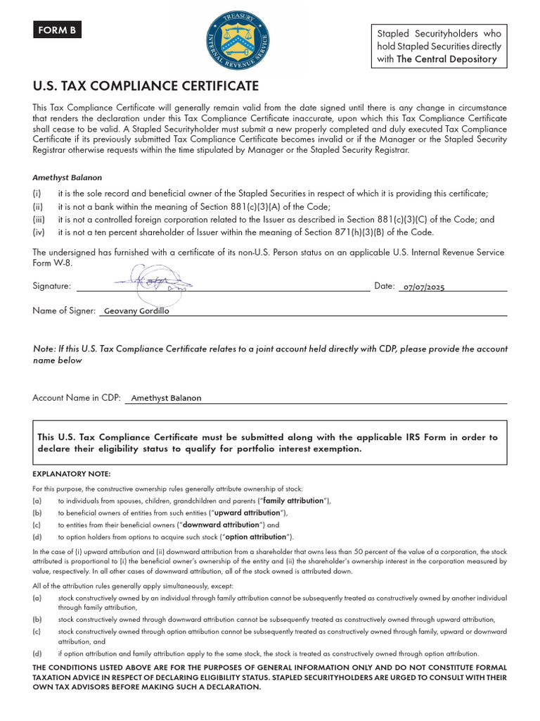 U.S. Tax Compliance Certificate Form | PDF | Stocks | Option (Finance)