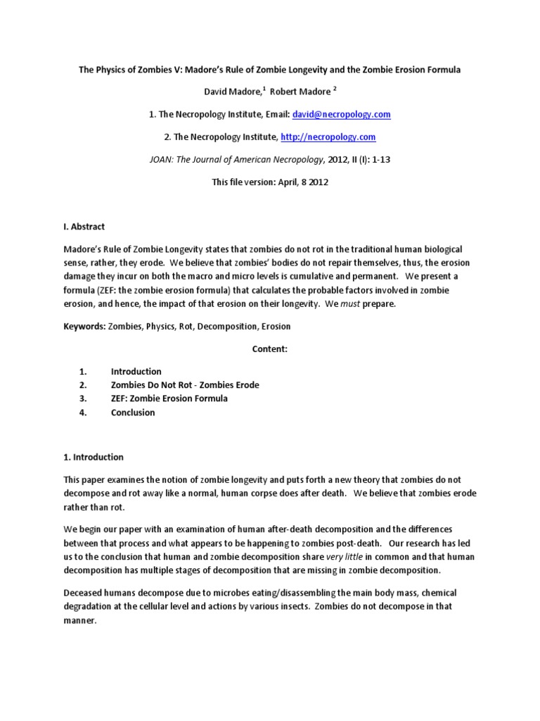 The Physics of Zombies V: Madore's Rule of Zombie Longevity and The ...