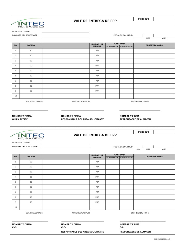 Vales de Entrega de Epp 2 | PDF