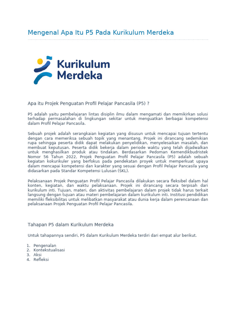 P5 dalam Kurikulum Merdeka: Pengantar dan Tahapan | PDF