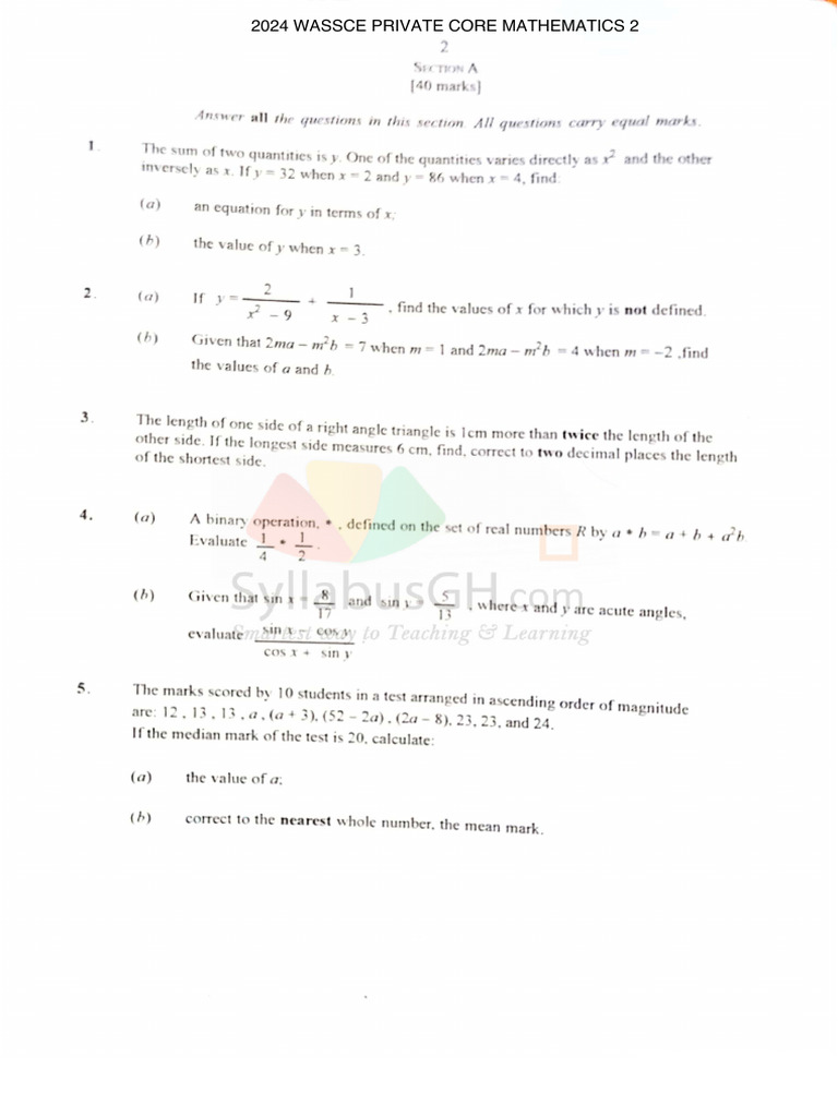 Open 2024 Wassce Private Core Maths 2 | PDF