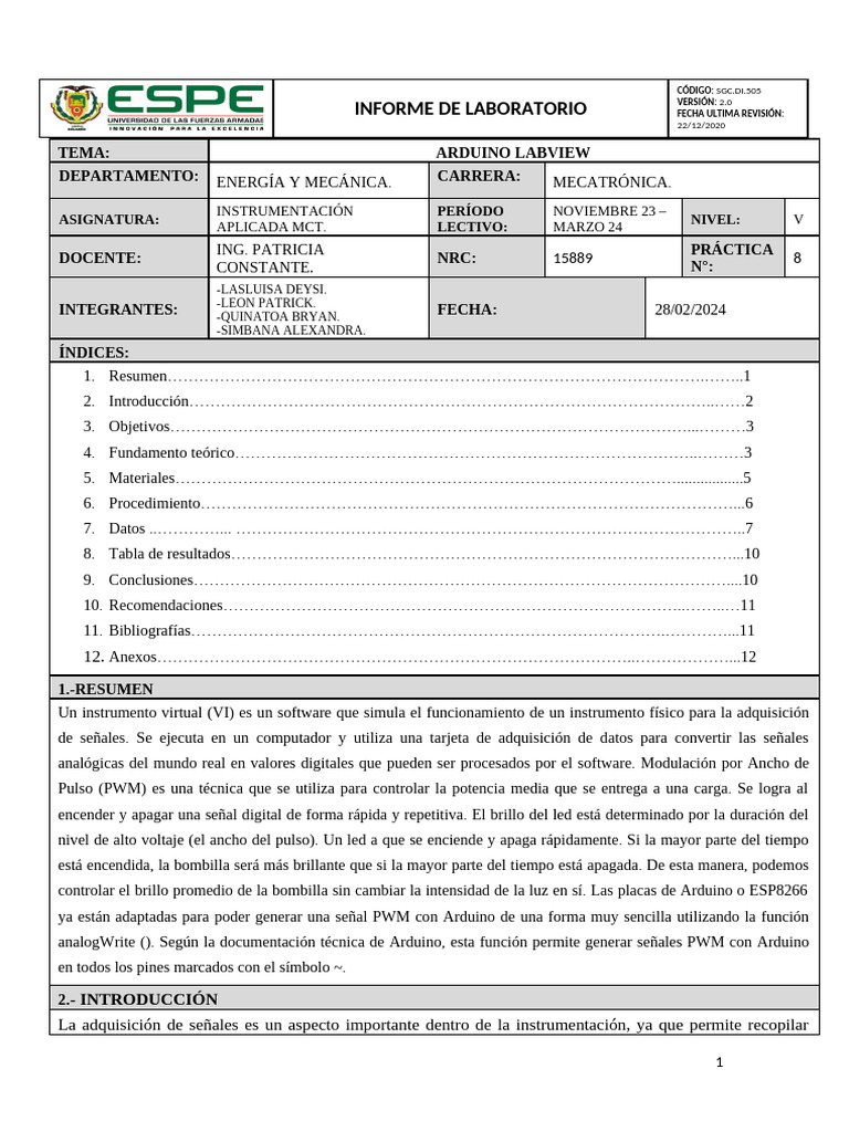 P3 - Informe 1 - Arduino Labview | PDF | Adquisición de datos | Arduino