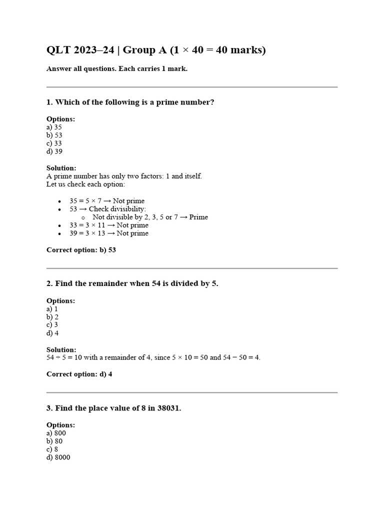 QLT 2023-24: Math Problem Set | PDF | Area | Mean