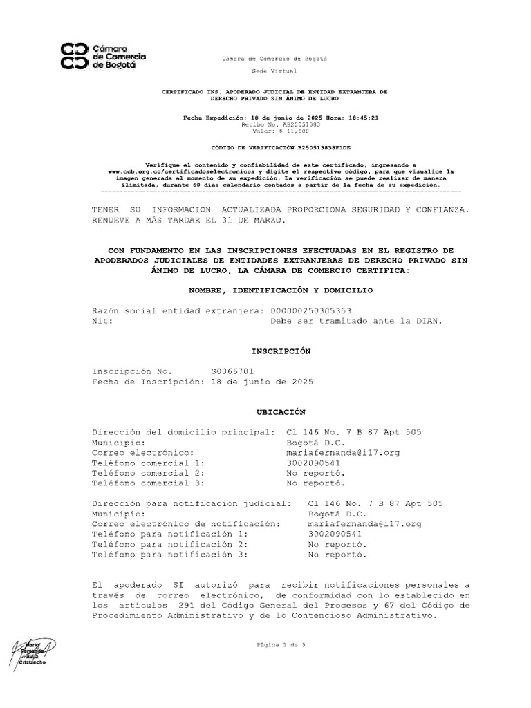 Certificado Apoderado CCB | PDF