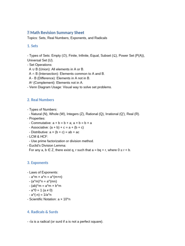Math Revision: Sets, Numbers, Exponents | PDF