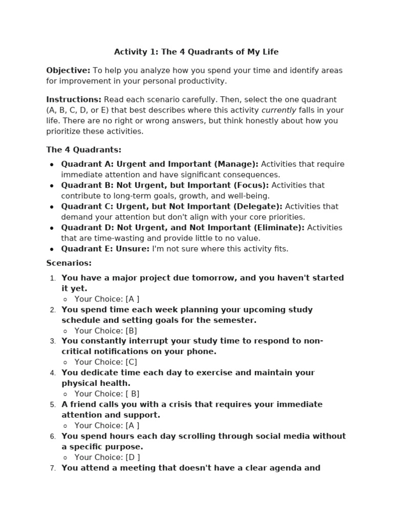 Activity - The 4 Quadrants of My Life | PDF
