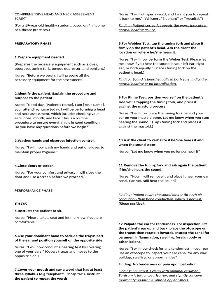 Comprehensive Head and Neck Assessment Script (Autorecovered) | PDF ...