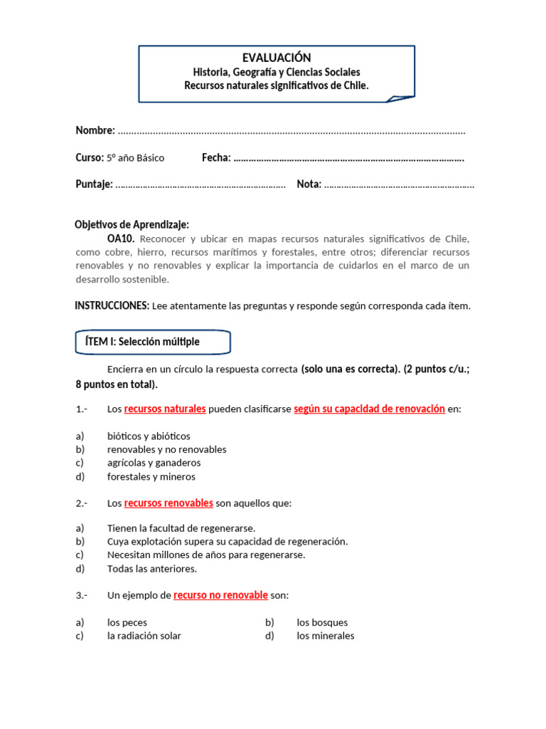 Prueba Recursos Naturales 5° | PDF | Entorno natural | Naturaleza