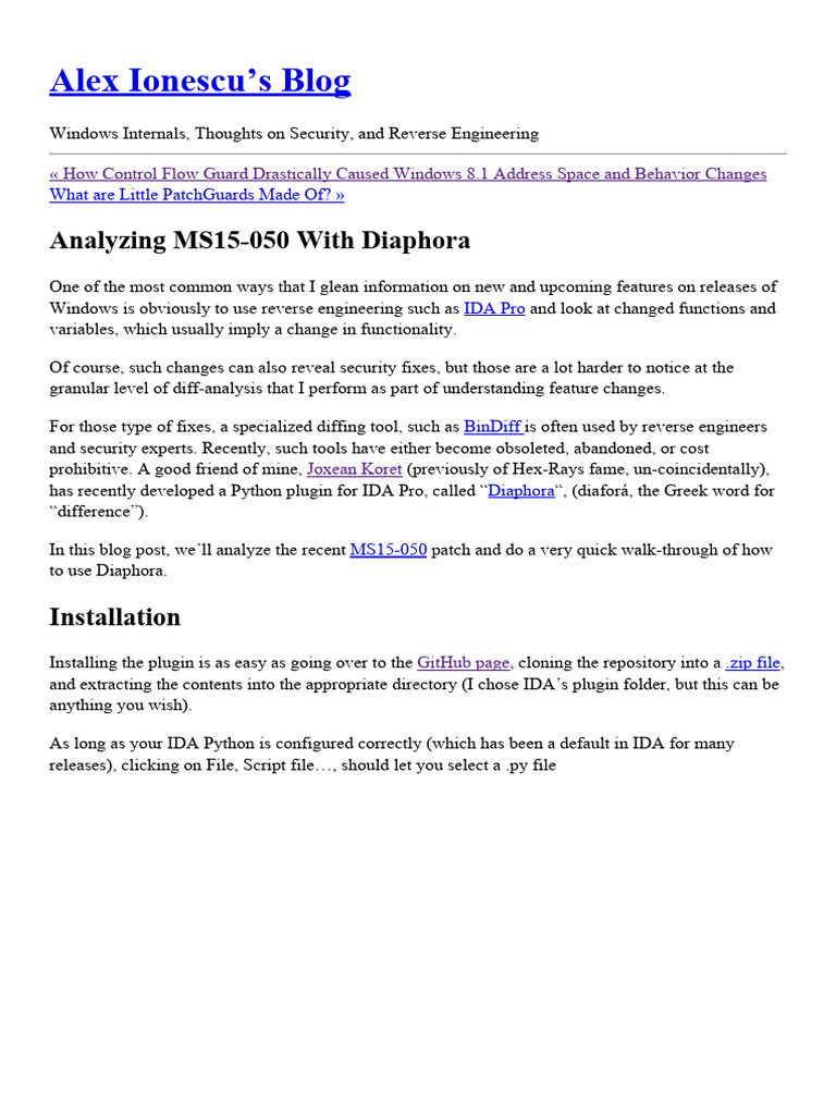 Tutorial-Analyzing MS15-050 With Diaphora-By Alex Ionescu | PDF ...
