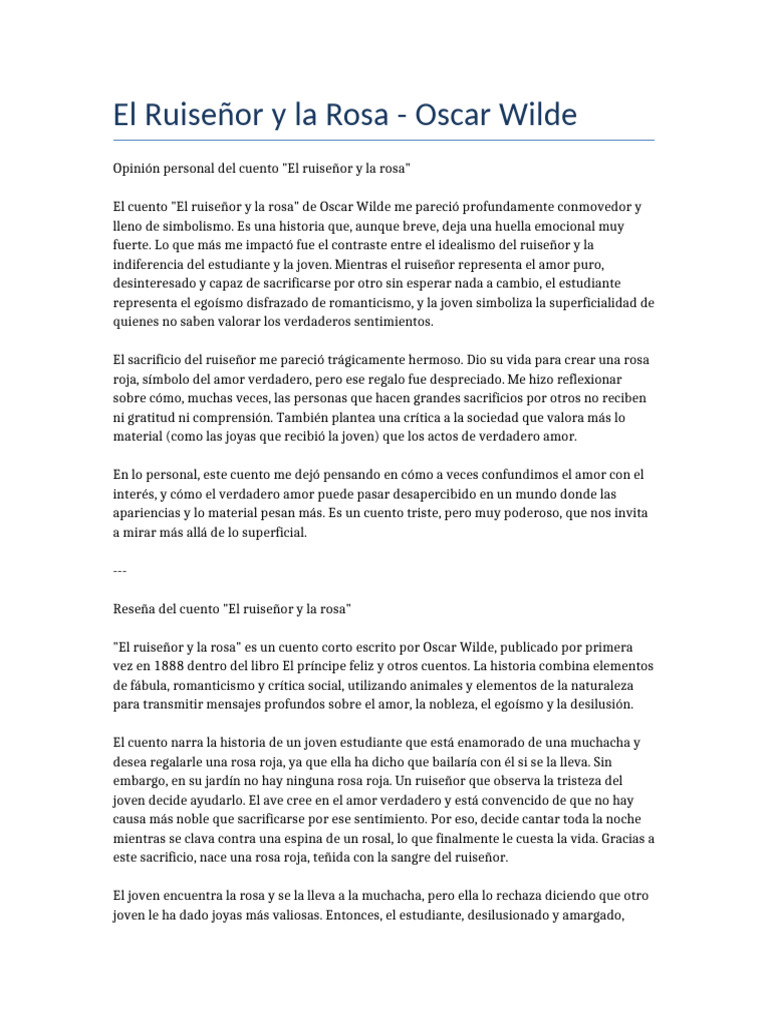 El Ruisenor y La Rosa Oscar Wilde | PDF | Amor | Oscar Wilde