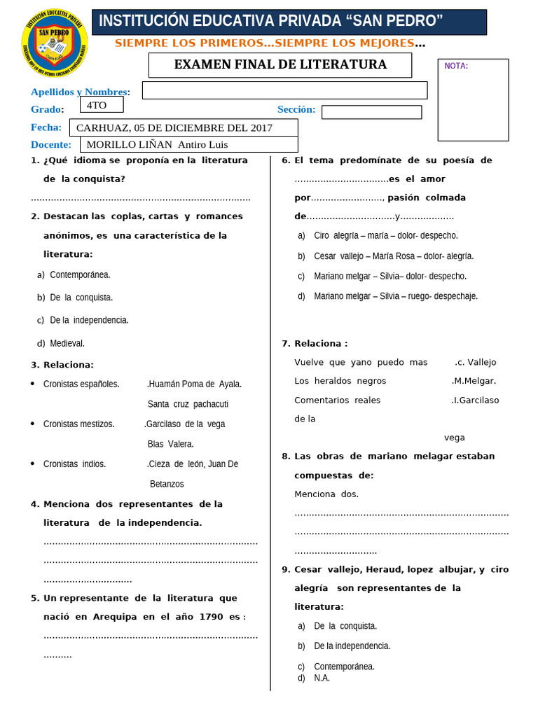Examen Final de Literatura 4° | PDF | Perú