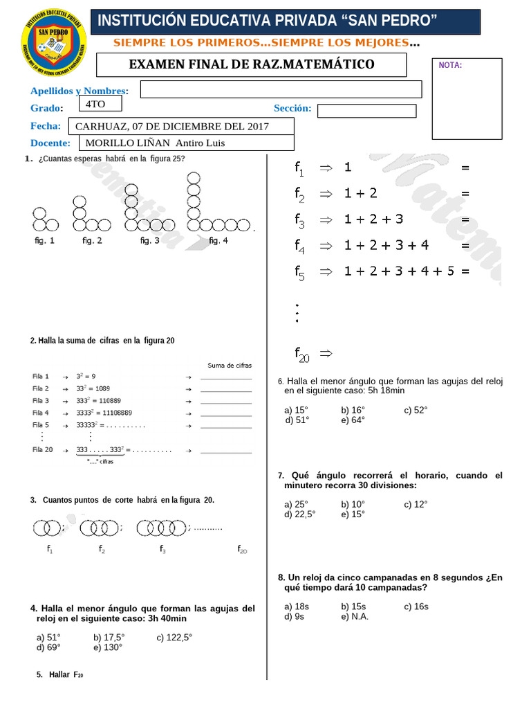Examen Final de Raz - Matematico 4° | PDF