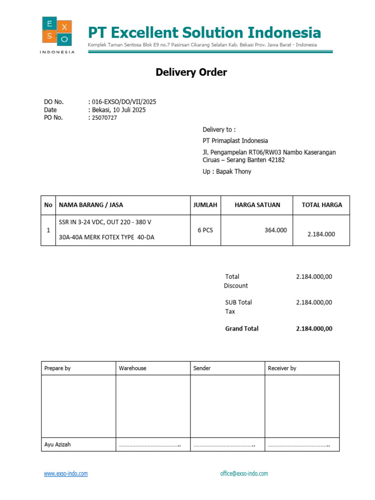 Delivery Order - EXSO 10 Juli 2025 | PDF