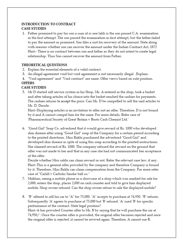 Indian Contract Act Case Studies | PDF | Offer And Acceptance | Civil ...