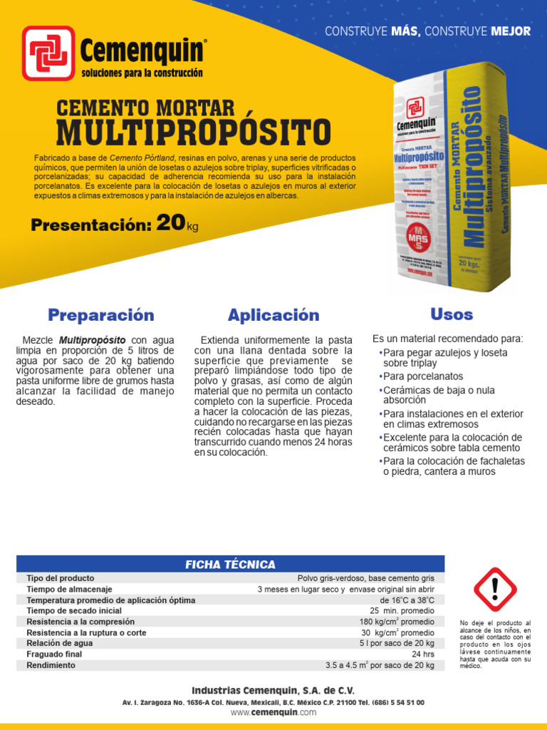 Cemento Mortar Multipropósito Cemenquin | PDF | Cemento | Sector ...