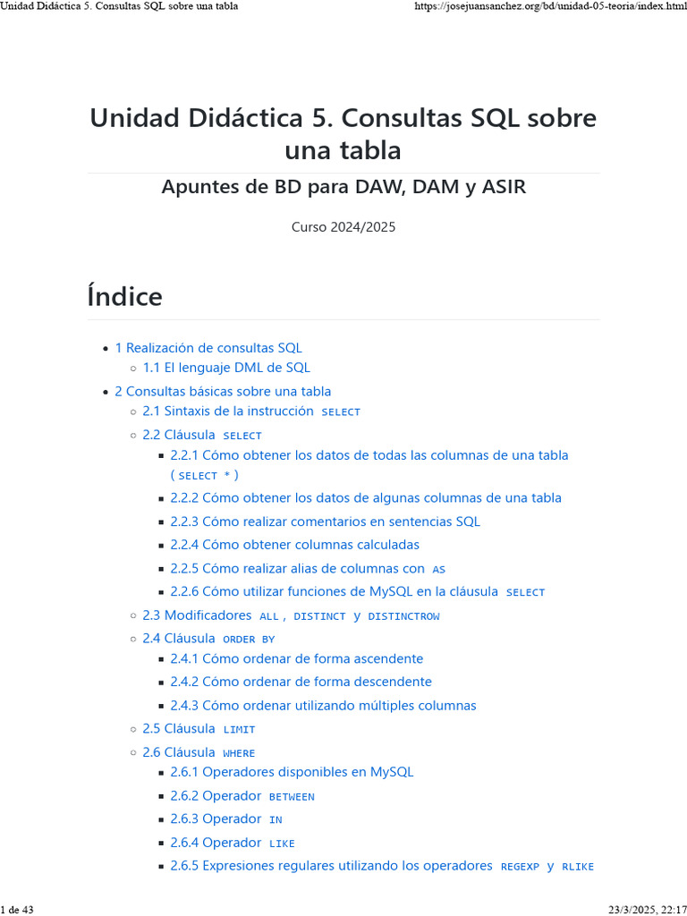 Consultas SQL Sobre Una Tabla | PDF | SQL | Diseño de software