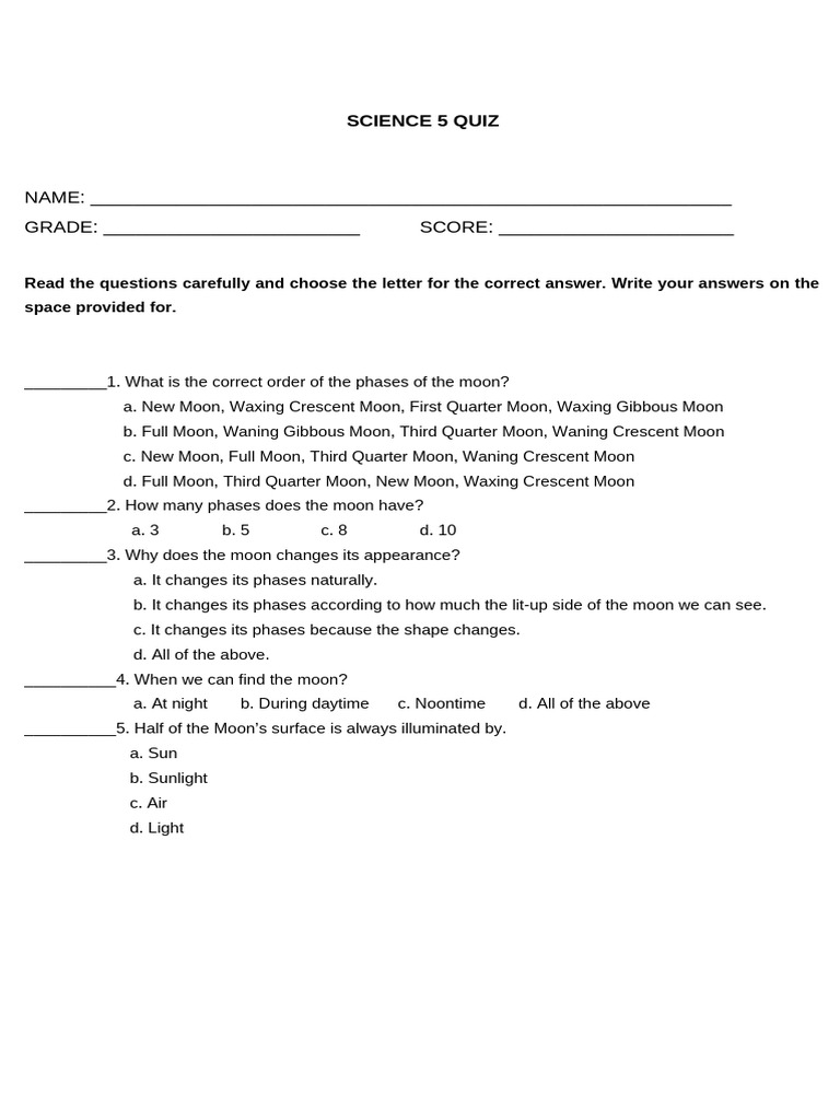 Science 5 Quiz | PDF