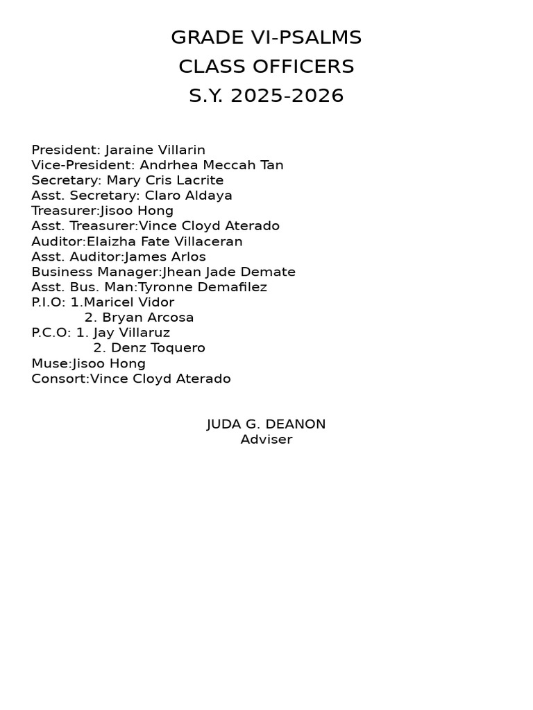 Grade VI Class Officers 2025-2026 | PDF