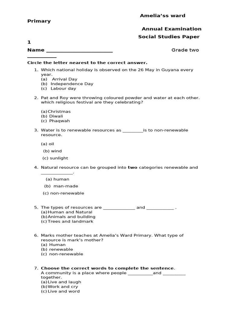 Grade 2 Social Studies Exam Paper | PDF