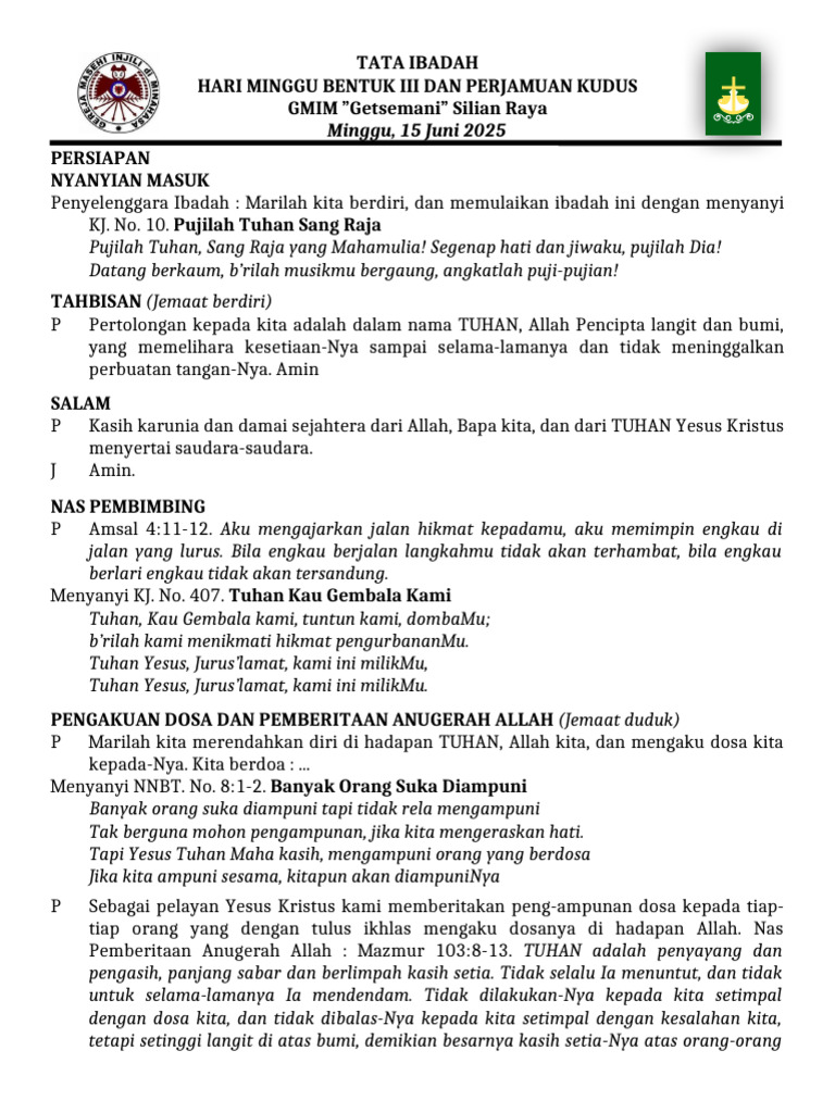 Tata Ibadah Hari Minggu III 15 Juni 2025 Dan Persiapan Perjamuan | PDF