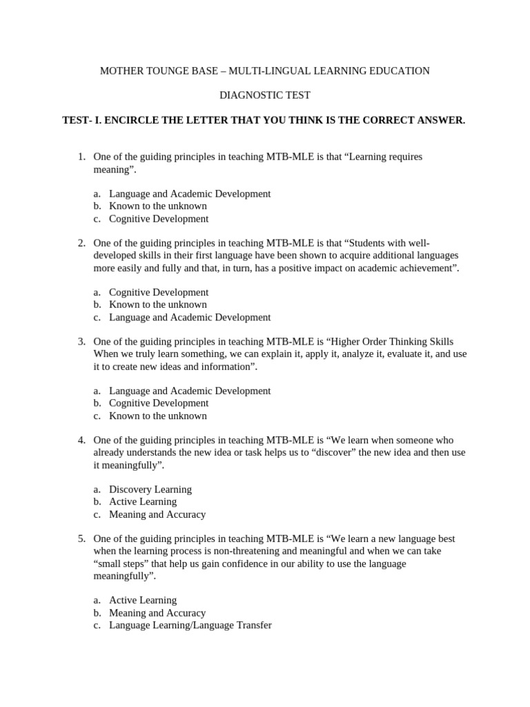 MTB Mle Diagnostic Test 2 | PDF | First Language | Learning