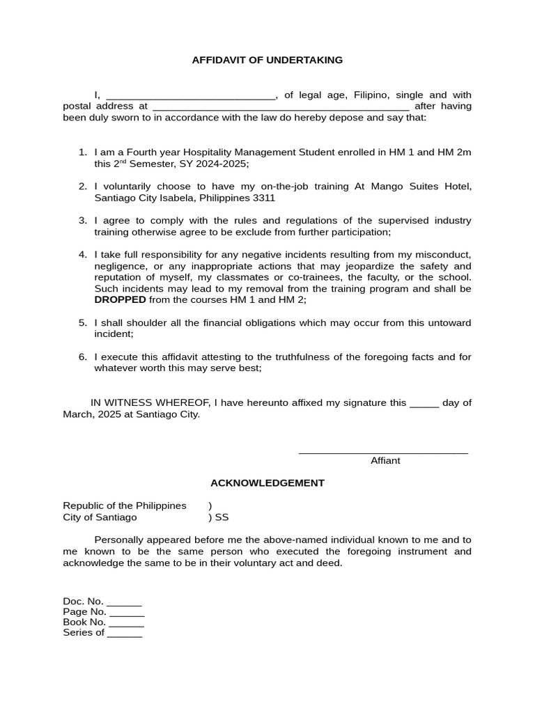 AFFIDAVIT OF UNDERTAKING Ojt | PDF
