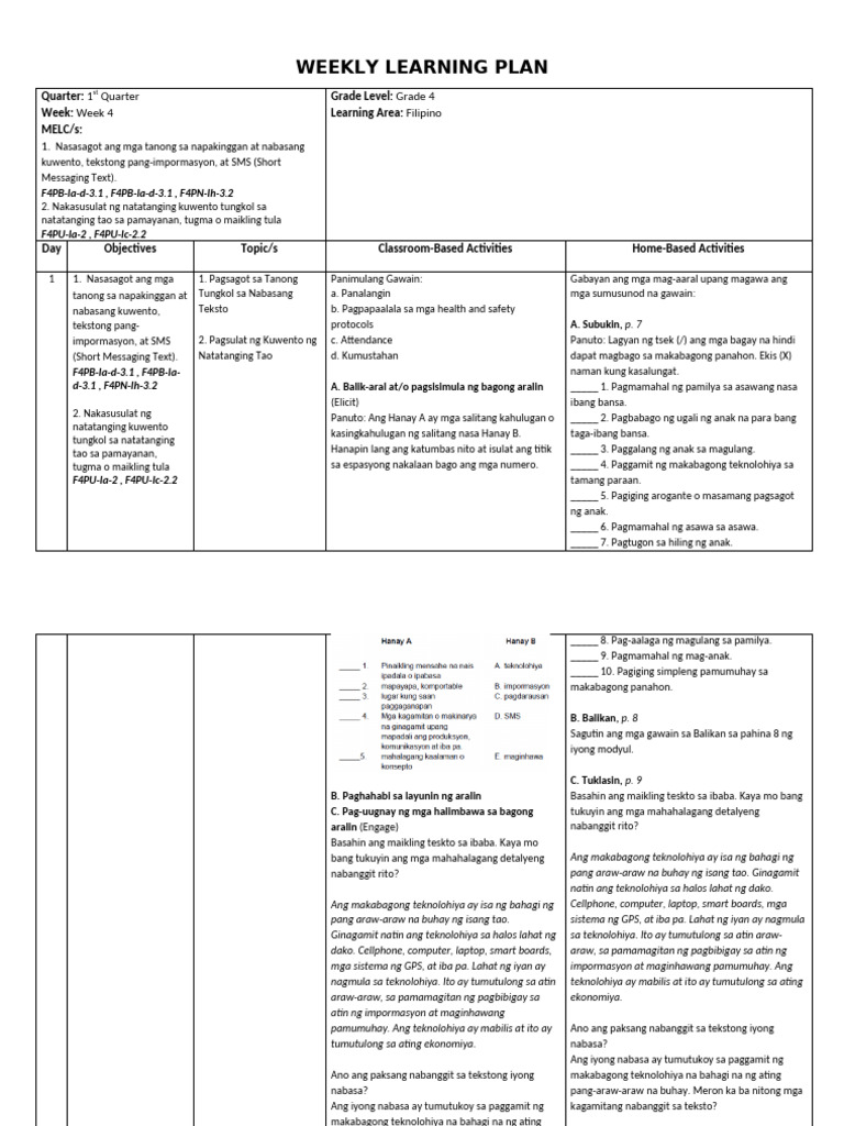 Weekly Learning Plan: Quarter: Week: MELC/s: Grade Level: Learning Area | PDF