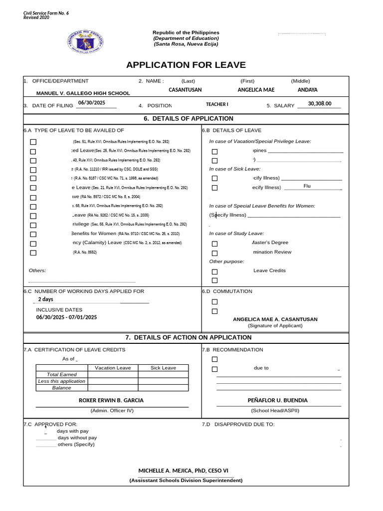 Teacher Leave Application Form | PDF | Parental Leave | Sick Leave