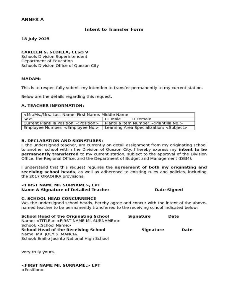 Intent to Transfer Form for Teachers | PDF
