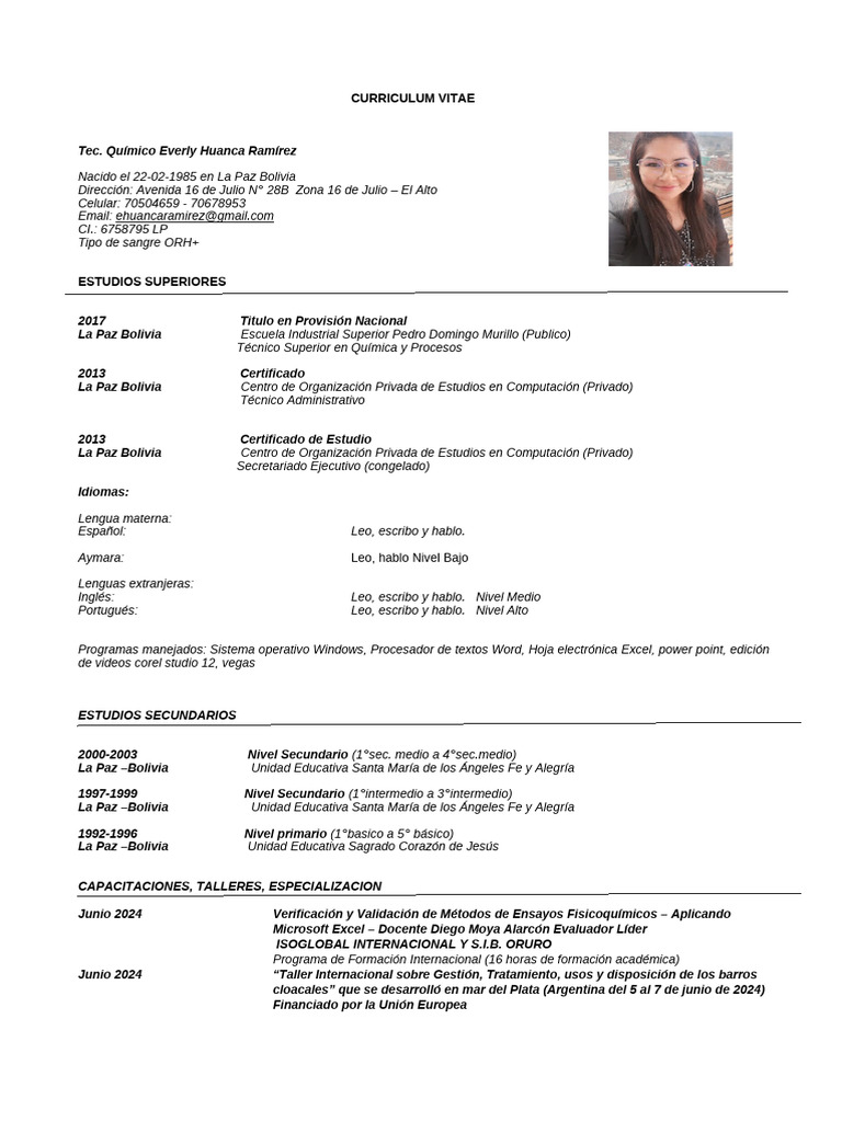 Huanca Ramirez Everly Curriculum Vitae 2024 | PDF | Laboratorios | Química