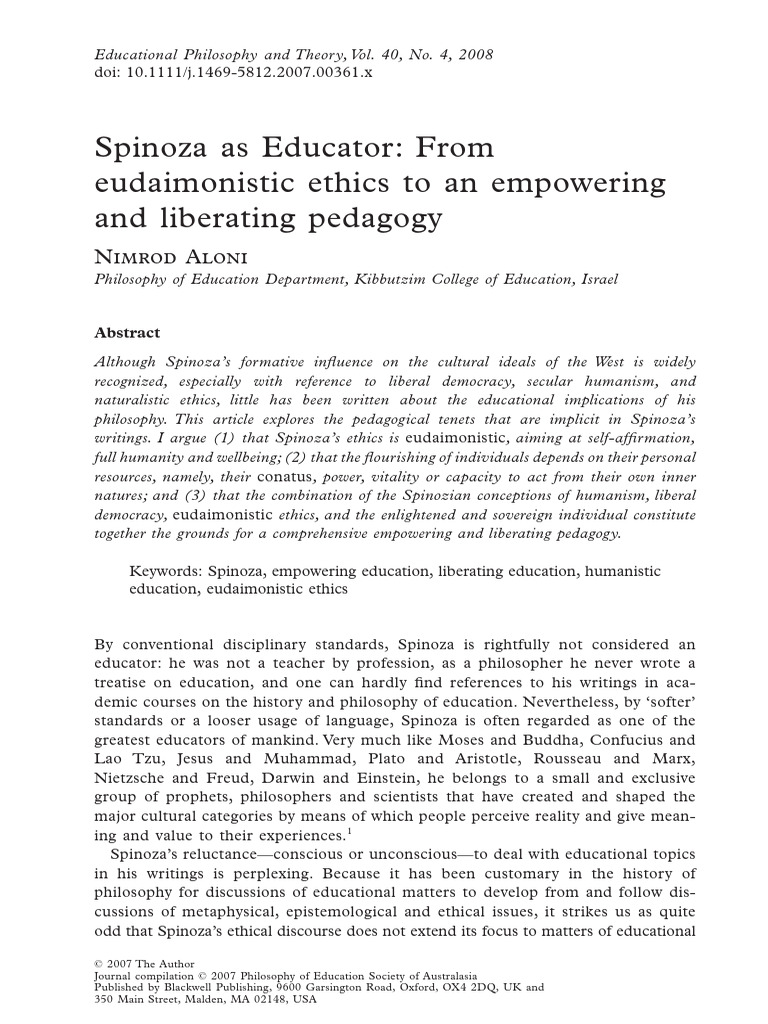 Nimrod Aloni - Spinoza As Educator: From Eudaimonistic Ethics To An ...