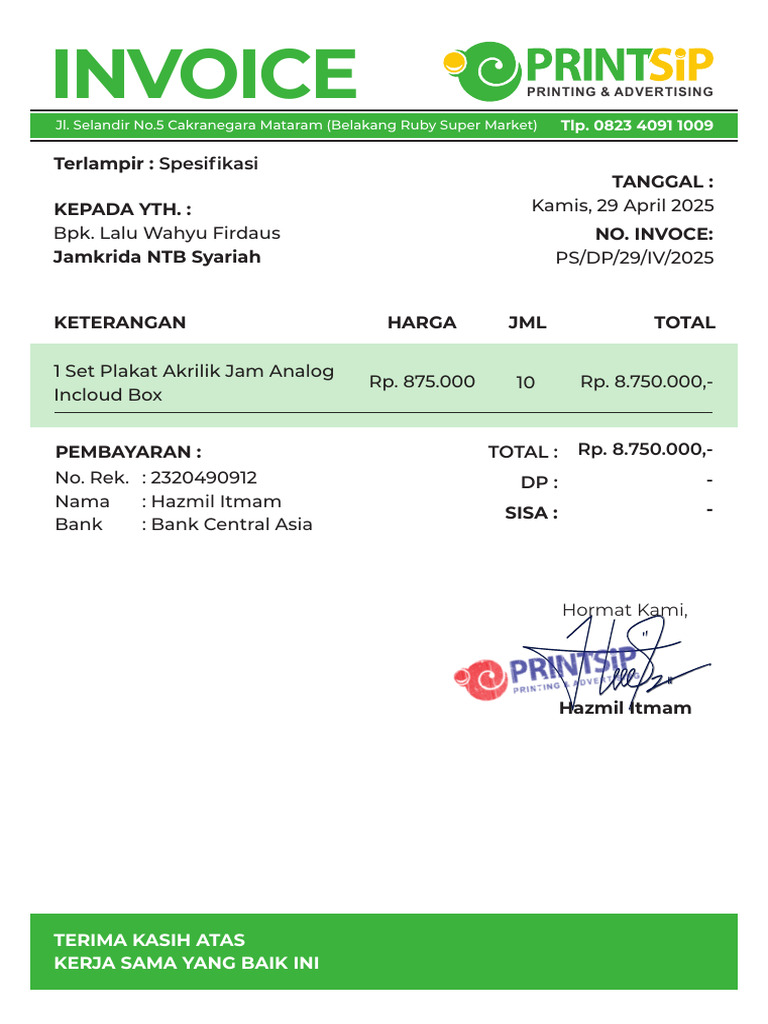 Invoice Plakat Jamkrida NTB Syariah | PDF