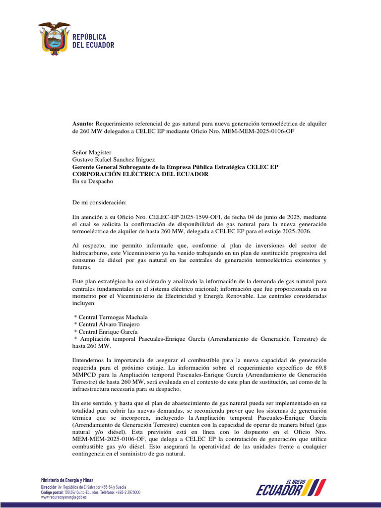 Requerimiento de Gas para Termoeléctrica 260 MW | PDF